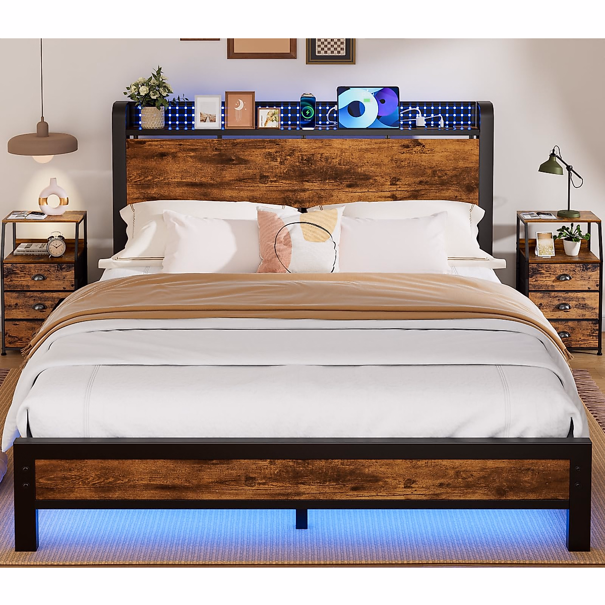 Furnulem Bed Frame Queen Size with Light,Industrial Storage Headboard with Power Outlet and USB Port,Wood Platform Queen Bed with Strong Metal Support,No Box Spring Needed,Silent