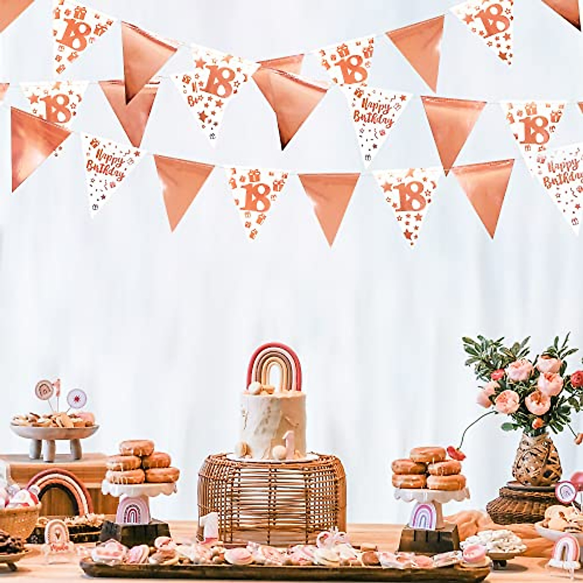 40Ft Rose Gold 18th Happy Birthday Banner Bunting Triangle Flag Pennant Garland for Girls 18th Birthday Decorations Time to Adult Eighteen Birthday Party Sign for Her 18 Birthday Decor Supplies