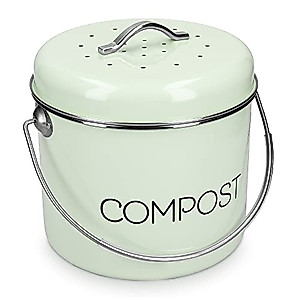Navaris Compost Bin for Kitchen Counter - 1.3 Gallon (5L) Metal Countertop Composter Bucket with 3 Charcoal Filters and Lid - Mint Green, Size Medium
