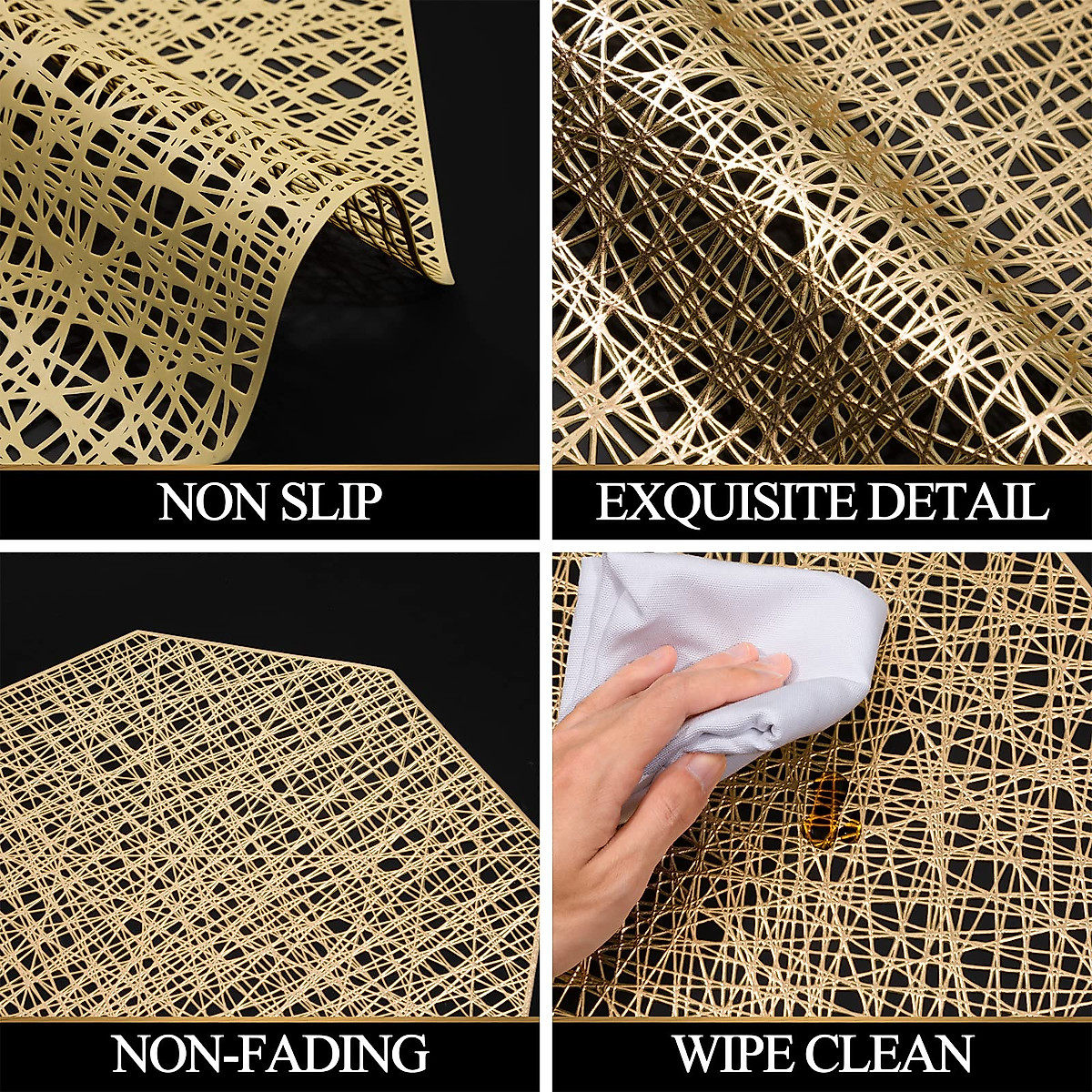 U'Artlines Octagonal Placemats Hollow Out Mats Vinyl Non-Slip Heat Insulation Kitchen Table Mats(Octagonal Gold, 6pcs)