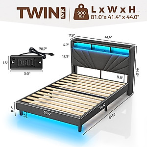 Rolanstar Twin Size Bed Frame, Storage Headboard with Charging Station and LED Lights, Upholstered Bed with Heavy Duty Wood Slats, No Box Spring Needed, Noise Free, Easy Assembly, Dark Grey