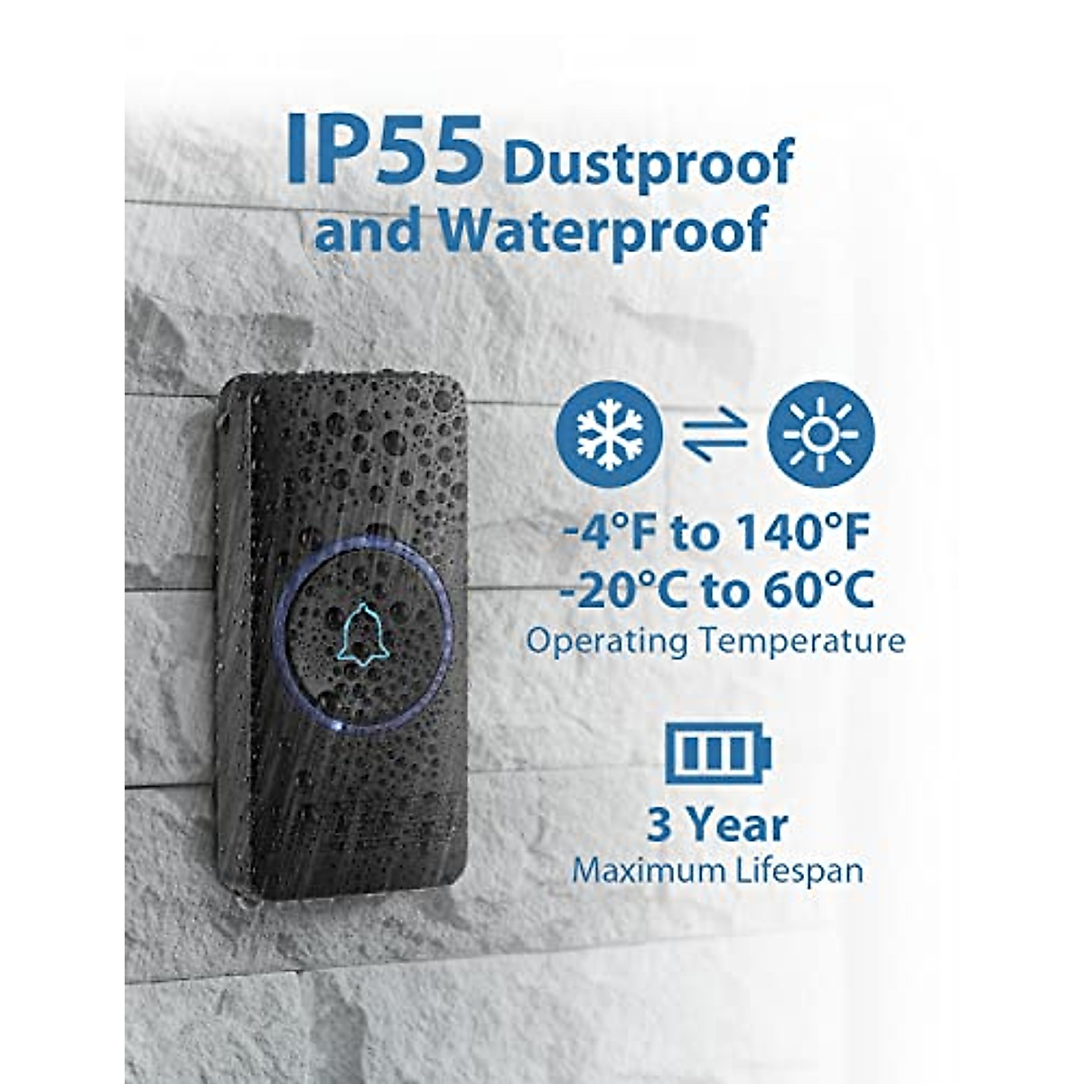 Wireless Doorbell, AVANTEK D-3B Waterproof Door Chime Kit Operating at over 1300 Feet with 2 Plug-In Receivers, 52 Melodies, CD Quality Sound and LED Flash