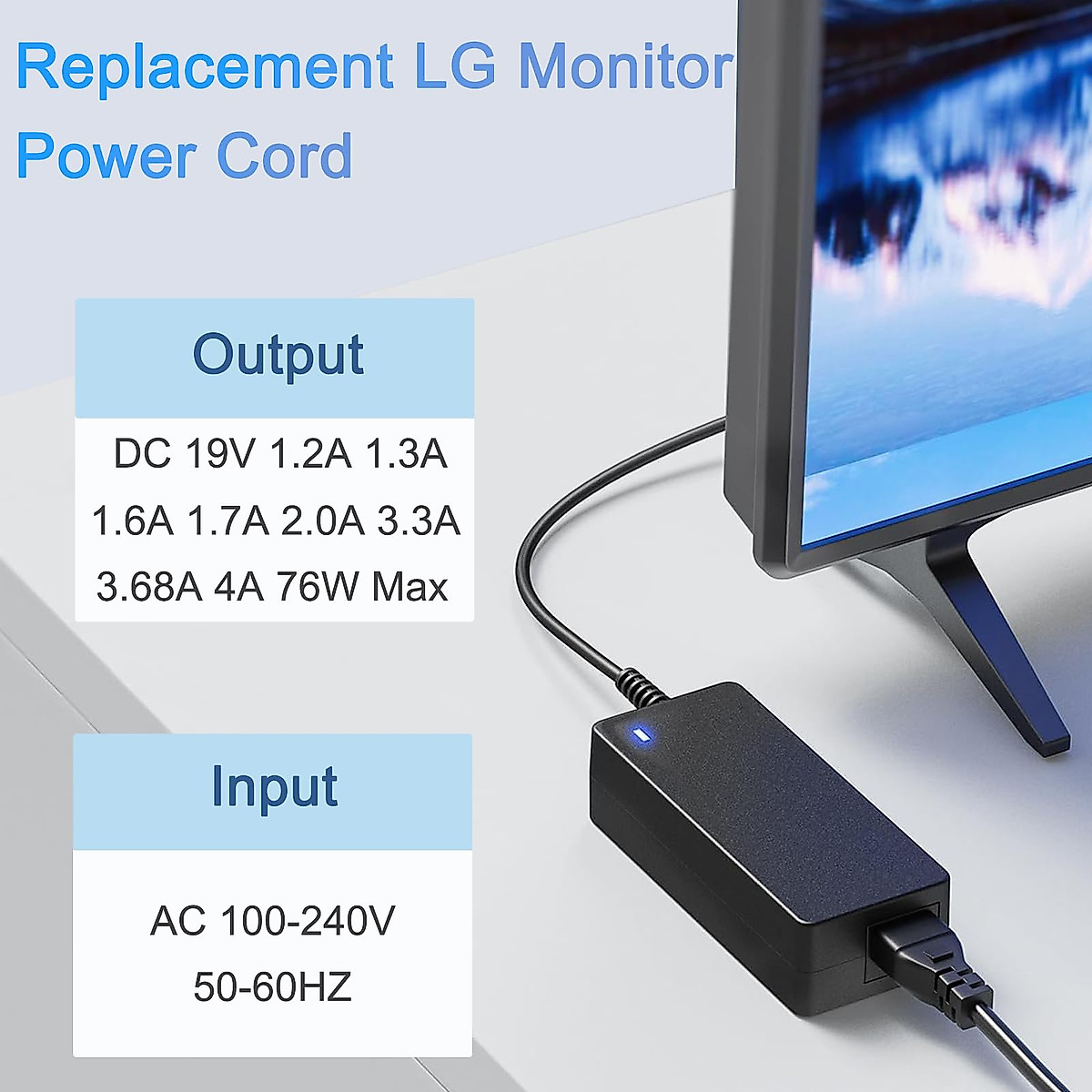 DC 19V Power Cord for LG Monitor 19" 20" 22" 23" 24" 27" 29" 32" 34", for LG Monitor PS236V, 24MP48HQ-P, IPS236-PN, E2750VR-SN, 27MP38VQ, 29UM55-P, 32MA68HY-P Widescreen Power Supply Cord