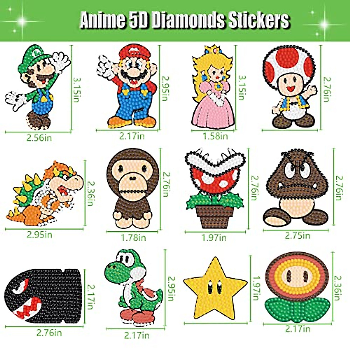 DURVA 5D Diamond Painting Stickers Kits, 12 Pcs Cartoon Anime Theme Diamond Stickers Paint by Numbers Kit, Suitable for Children, Boys and Girls DIY Super Mario Cartoon Theme Stickers