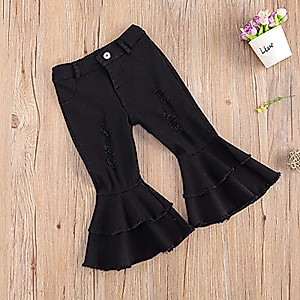 FIOMVA Toddler Baby Girls Flare Pants Solid Denim Ripped Jeans Ruffle Wide Leg Legging Trousers High Waist Bell Bottoms (B-Double Layered Ripped Black,1-2T)