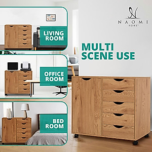 Naomi Home Amy 5 Drawer Chest, Wood Storage Dresser Cabinet with Wheels, Craft Storage Organization, Makeup Drawer Unit for Closet, Bedroom, Office File Cabinet 180 lbs Total Capacity - Natural