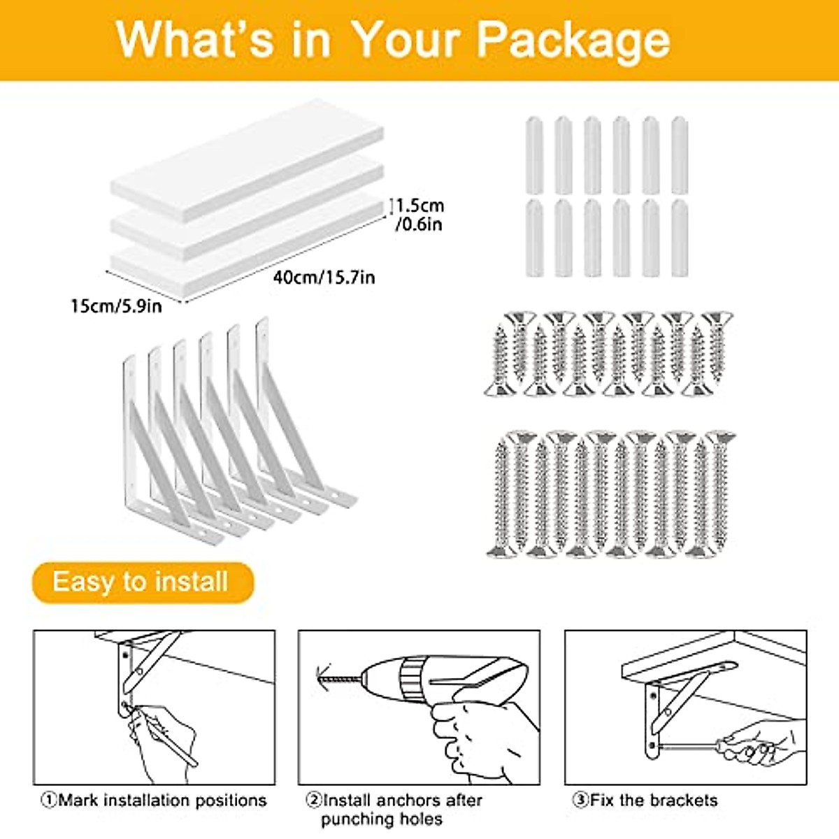 AIKTOTA Floating Shelves - 15.7" White Wall Shelf with Metal Bracket, Wall Mounted Shelves for Bathroom, Living Room, Bedroom, Kitchen, Modern Storage Shelves Decor - Set of 3