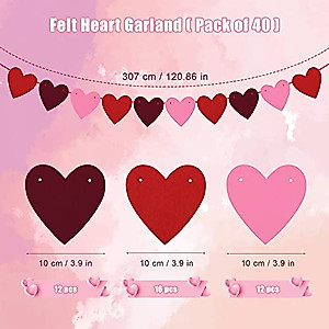40pcs Valentines Day Heart Banners, Felt Heart Garland Romantic Decorations for Valentines Day Weddings Birthday Parties