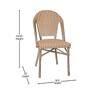 EMMA + OLIVER Colmar Bistro Chair - Natural & White Woven PE Seat and Back - Light Bamboo Finish Aluminum Frame - Set of Two