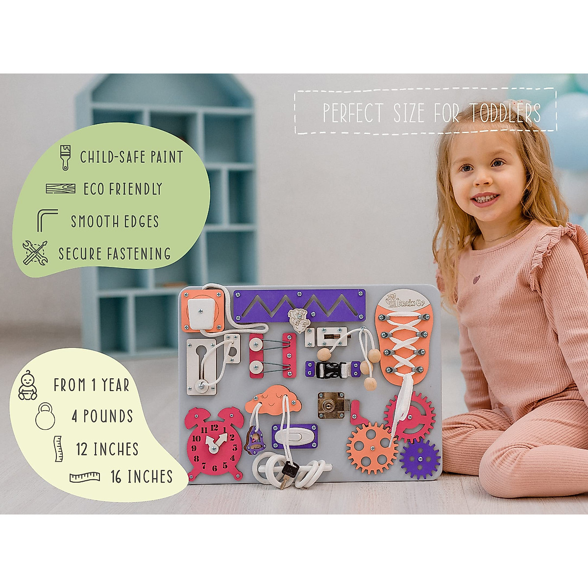 Wooden Busy Board Montessori for Toddlers - Premium Quality - Made in Ukraine with Love - Great Birthday Gift for Boys and Girls, Baby, Kids - Learning, Education, Travel, Activity, Sensory (Bright)