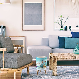 Small Trash Can with Lid Winter vacation active weekend leisure in mountain resort cartoon Waste Bin with Wood Legs Press Cover Wastebasket Round Garbage Bin for Kitchen Bathroom Bedroom Office