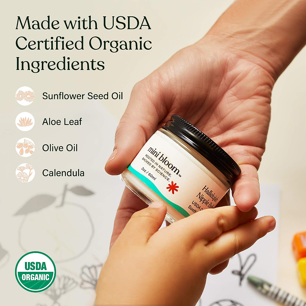 Mini Bloom Hallelujah Nipple Balm | USDA ORGANIC Soothing Ointment | Restores Dry, Cracked, Sensitive Nipples | Lanolin-Free, Made w/ Aloe, Calendula, Olive & Sunflower Seed Oils | 2 oz