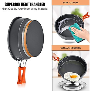 Camping Cooking Set Camping Cookware Outdoor Aluminum Mess Kit with Frying Pan, Pot with Lid, 1.2L Kettle Set and 2 Stainless Steel Plate, 2 Folding Cups and 2 Set Knives Spoons for Backpacking Picnic