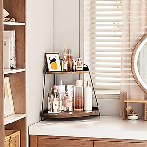 Puricon Bathroom Counter Organizer, 2 Tier Corner Countertop Storage Shelf Bathroom Sink Organizer, Wood Triangle Bathroom Organization for Skincare Kitchen Vanitity- Brown