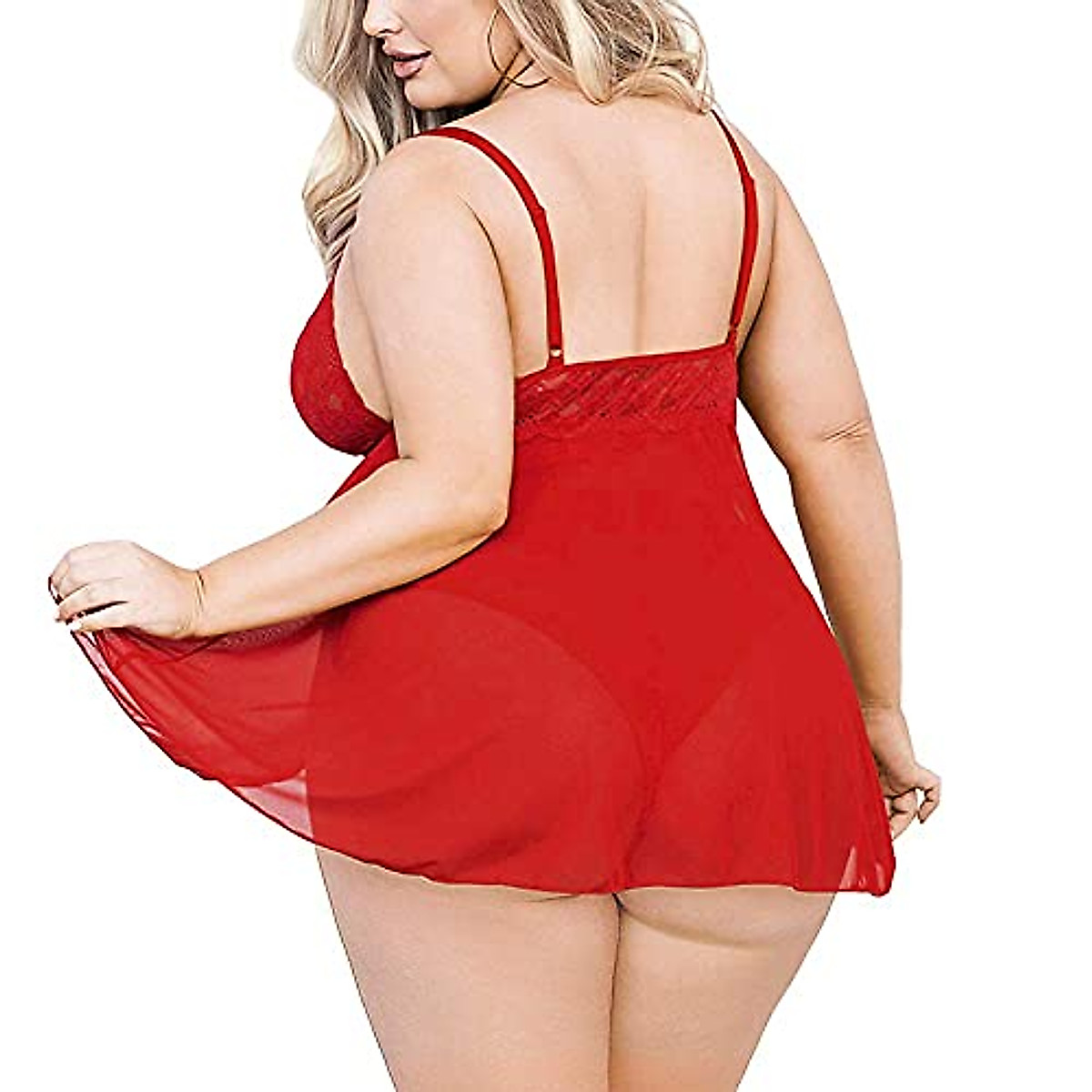 EVELUST Plus Size Lingerie for Women - Sexy Double Layer Chemise Comfy Boudoir Outfits Lace High Waist Teddy Babydoll(Large, Red)
