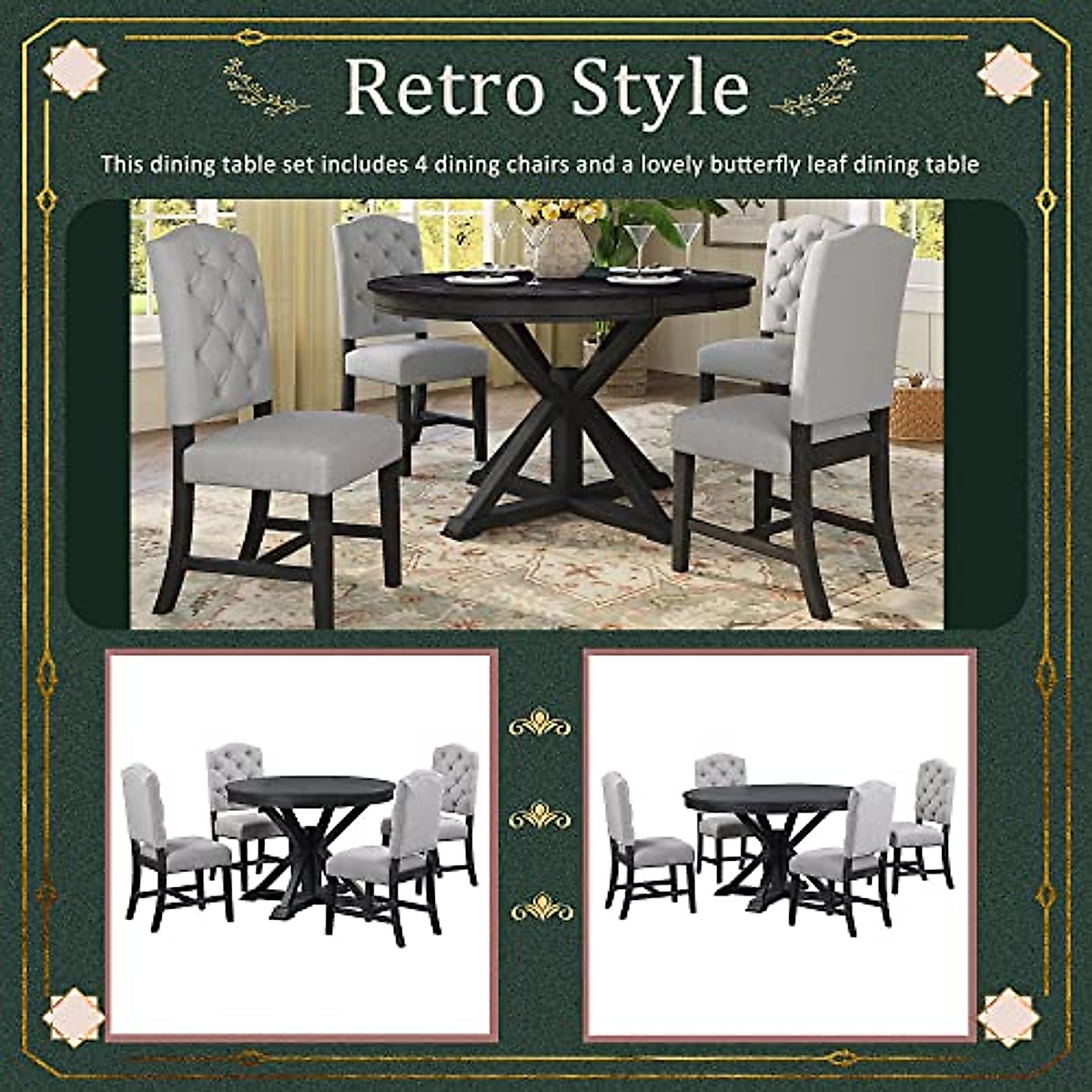 LCH 5-Piece Functional Furniture Retro Style, Extendable Round Set with Table and 4 Upholstered Chairs for Dining Living Room (Espresso)