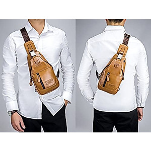 BULLCAPTAIN Genuine Leather Men's Sling Shoulder Backpack Multi-pocket Crossbody Chest Bags Travel Hiking Daypack with Earphone Hole (Yellowish brown)