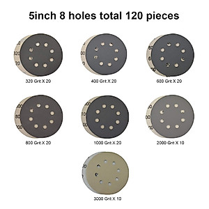 POLIWELL 120pcs 5 Inch Sanding Discs Hook & Loop 8 Holes Wet Dry 320 400 600 800 1000 2000 3000 Grit Orbital Sandpaper with 2pcs Interface Pads, Silicon Carbide Round Flocking Sandpaper
