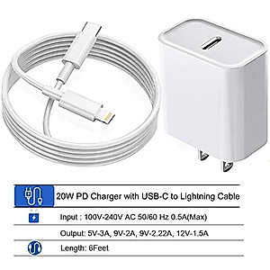 iPhone Fast Charger【Apple MFi Certified】 Cell Phone Wall Chargers iPhone Charging 20W PD Adapter with 6FT Type-C Lightning Cable Compatible with iPhone 14 13 12 11/Xs Max/XR/X and More