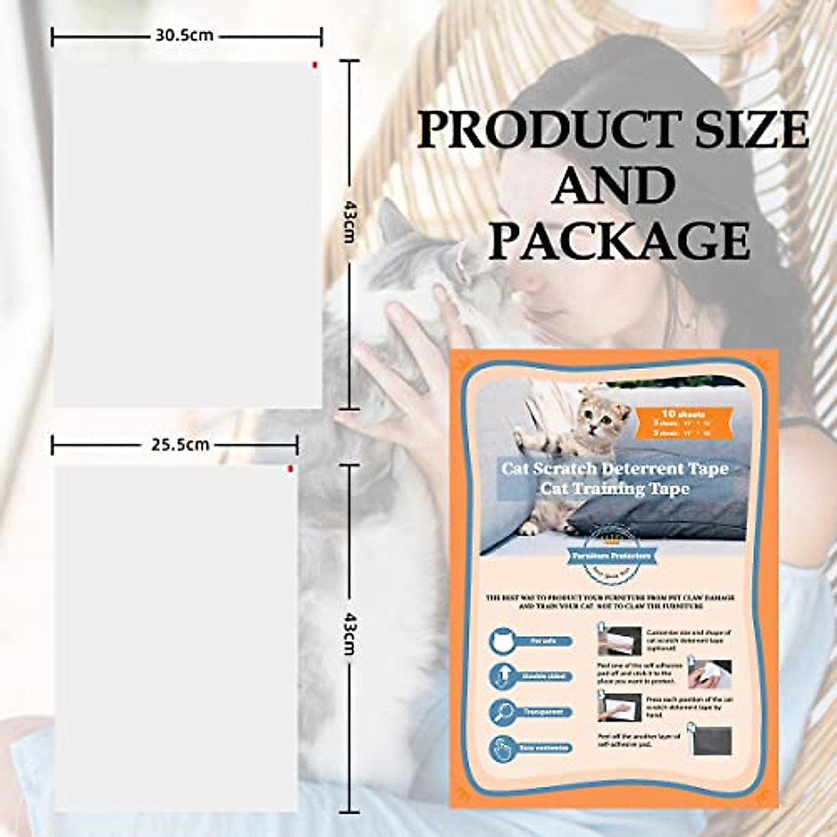 10 Pcs Extra Large Furniture Protectors from Cats, 5pcs 17" x12” & 5pcs 17"x10" Cat Scratch Deterrent Sheet, Double-Sided Training Tape, Cat Scratch Couch Protector