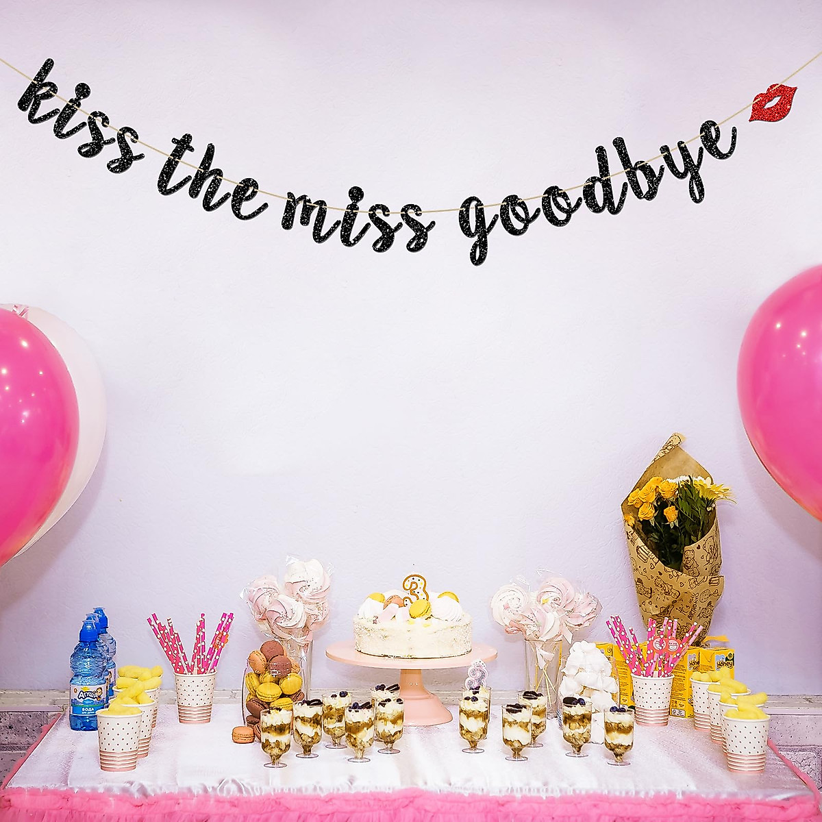 INNORU Kiss the Miss Goodbye Banner - Engagement Party Decor - Miss to Mrs Party Decorations Supplies, Bridal Shower Party Bunting Decorations, Black Glitter