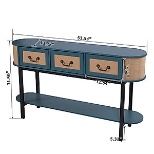 FurSch Rattan Entryway Table with Storage, Narrow Oval Console Table with Drawers,Blue 53.6" Long and Slim Couch Table Behind Sofa for Living Room Hallway Entrance Foyer