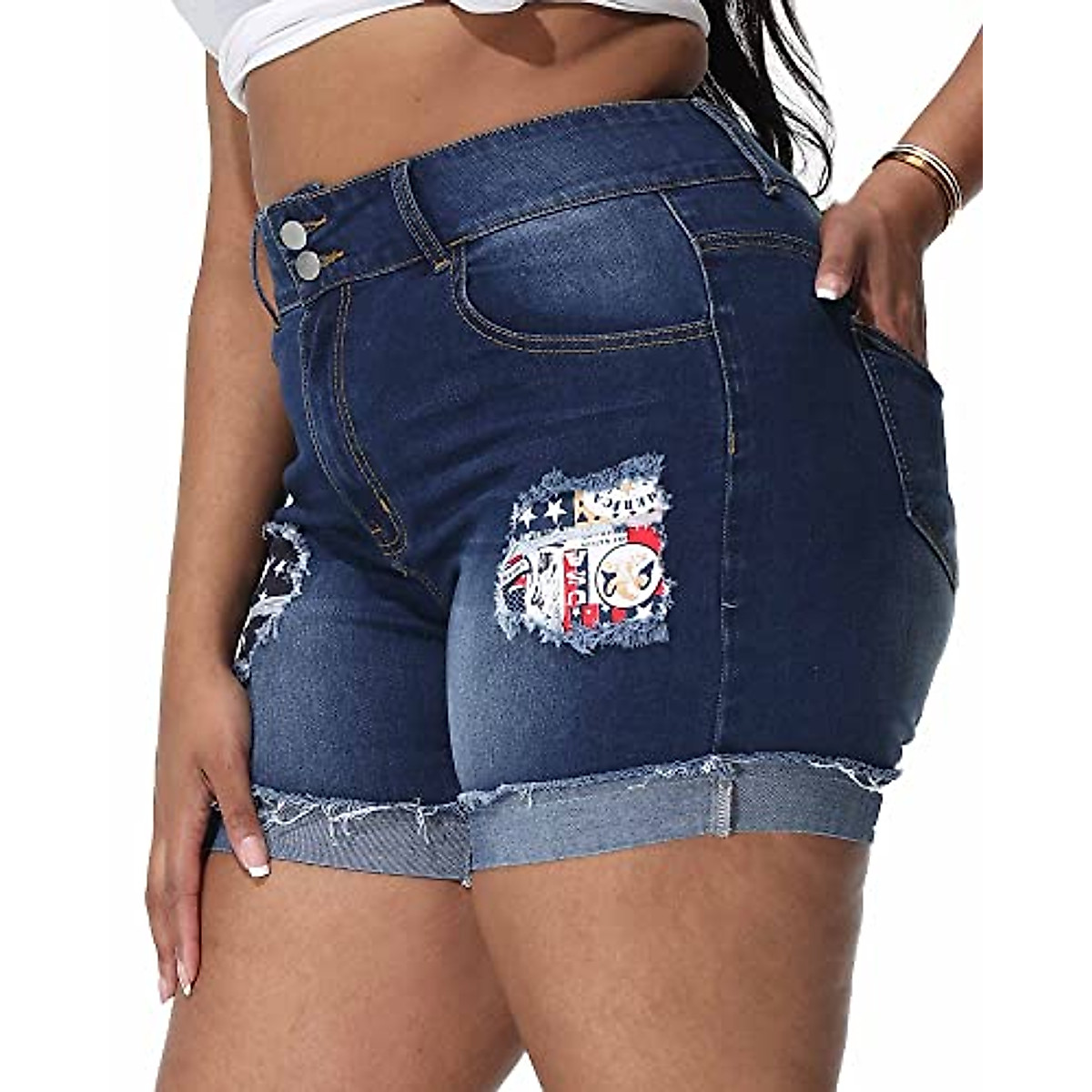 Rubugil Women's Plus Size Casual Denim Shorts High Waisted Stretchy American Flag Patched Folded Hem Jean Shorts Dark Blue 16W