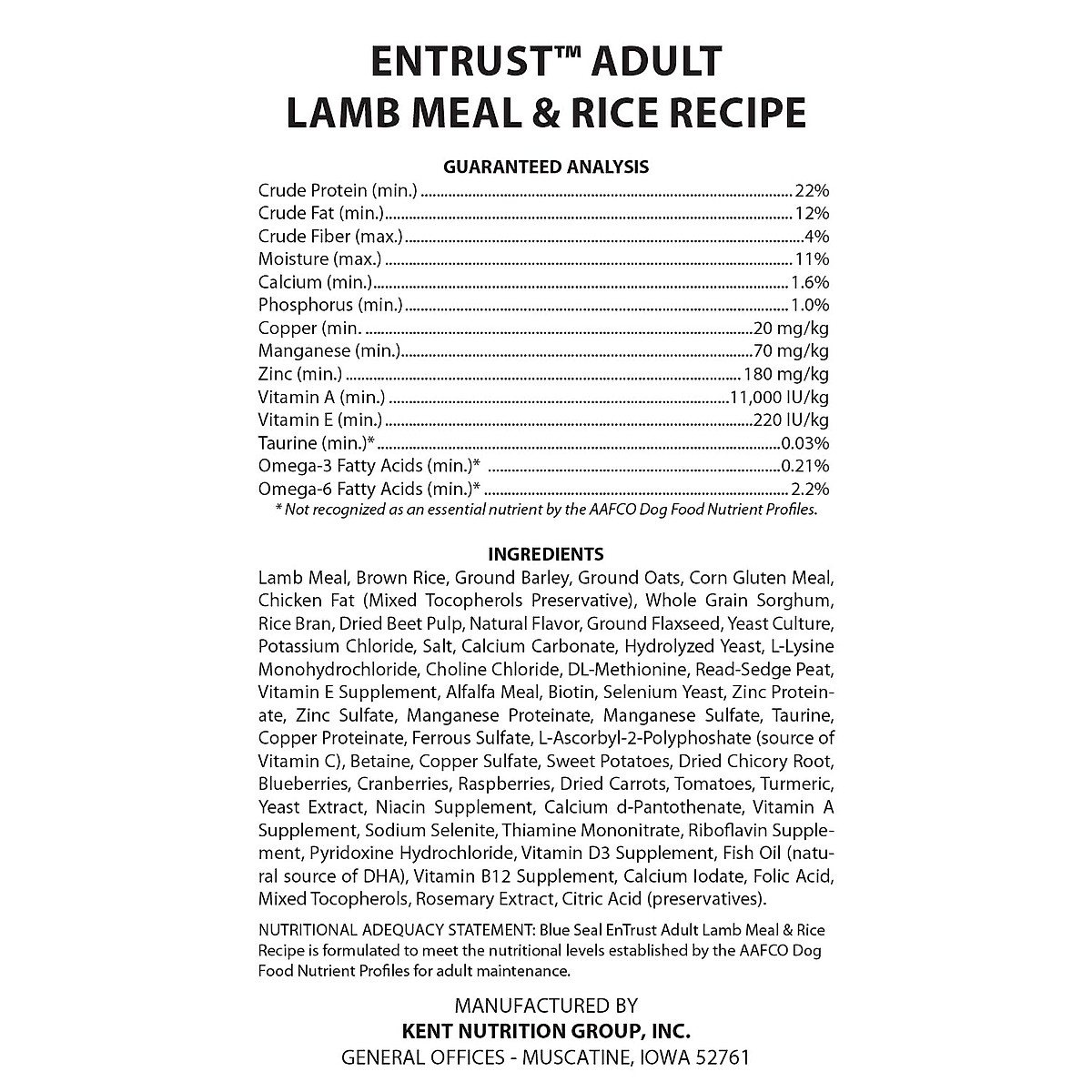 Blue Seal ENTRUST Adult Dog Food | Real Lamb & Rice | Enriched with Super Foods, Antioxidants and Probiotics | No Wheat or Soy | 6 Pound Bag