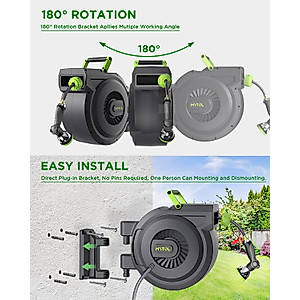 MYTOL Retractable Garden Hose Reel, 1/2 Inch x 100 ft + 6 ft Wall Mount Hose Reel with Automatic Slow Rewind System, Any Length Lock, 10 Patterns Hose Nozzle, 180°Swivel Bracket, for Garden Watering