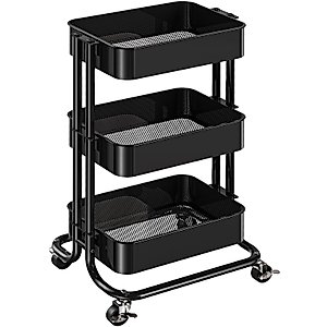 Pipishell 3 Tier Metal Rolling Utility Cart, Heavy-Duty Storage Rolling Cart with 2 Lockable Wheels, Multifunctional Mesh Organization Utility Cart for Kitchen Dining Room Living Room (Black)