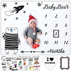 Kmivo Baby Milestone Blanket, Baby Monthly Milestone Blanket for Baby Boy Soft Large Blanket for Newborn to 12 Months with Milestone Marker & Cards (Baby Bear /40”x 51”)
