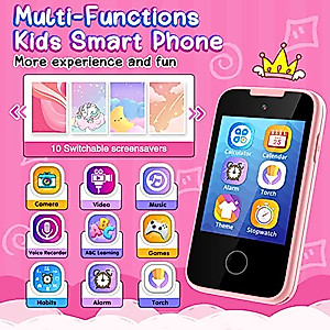 Kids Phone for Girls Aged 3-6 with Dual Camera, Touchscreen Toy Phones for Kids MP3 Music Player 13 Puzzle Games, Educational Toys Christmas Birthday Gifts for Girls Ages 3 4 5 6 7 with SD Card Pink