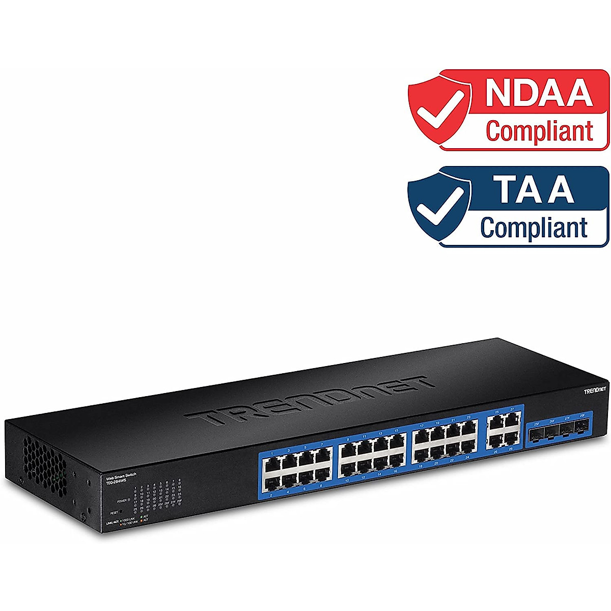 TRENDnet 28-Port Gigabit Web Smart Switch, 24 x Gigabit Ports, 4 x Shared Gigabit Ports (RJ-45/SFP), VLAN, QoS, LACP, IPv6, 56Gbps Switching Capacity, Lifetime Protection, TEG-284WS,Black