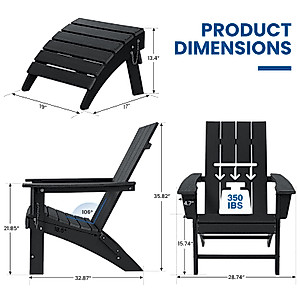 Folding Adirondack Chair with Ottoman Weather Resistant Foldable Fire Pit Chairs with Footrest HDPE Outdoor Adirondack Chair for Patio Front Porch Pool Garden Deck Fire Pit Outside, Black