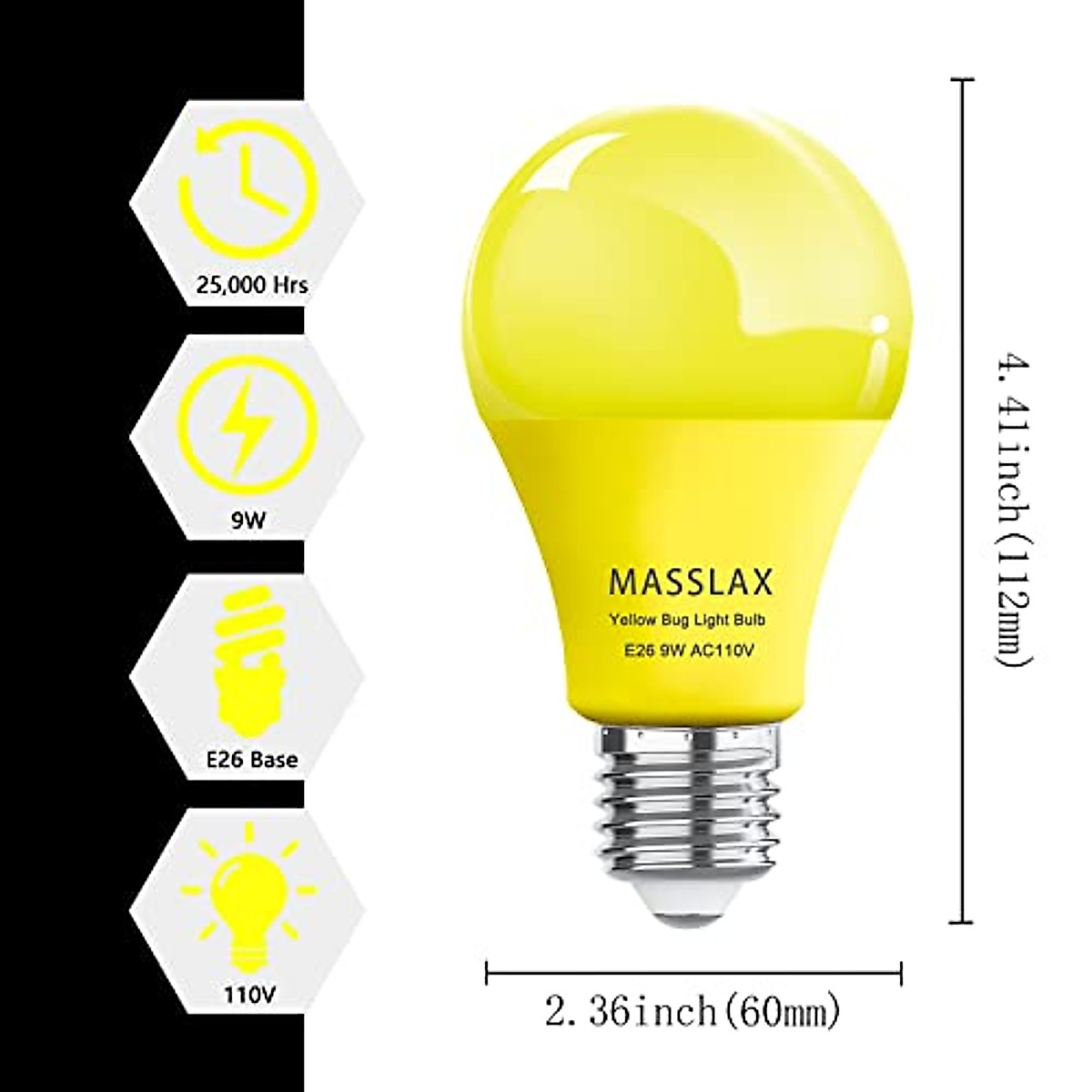 MASSLAX 4 Pack Amber Yellow LED Bug Light Bulbs Outdoor,Dimmable 9W Replace to 100W Bug Lights, E26 Base LED Bug Lights for Outside Porch Light, Decorative Lighting Bulbs, Bedroom Night Light Bulb