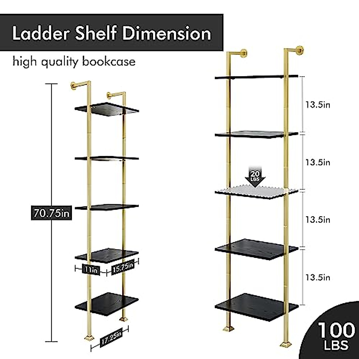 Axeman 5-Tier Ladder Bookcase, Tall Narrow Bookshelf for Small Spaces, Modern Book Storage Organizer Case Open Shelves for Bedroom, Living Room, Office, Library, Gold Metal Frame and Black Shelf