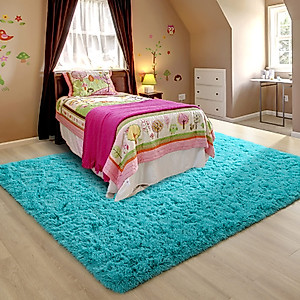 Ompaa Teal Blue 8x10 Feet Large Area Rugs Fluffy Living Room Carpet, Wall to Wall Big Shag Turquoise Rug for Bedroom Kids Playroom Classroom Nursery Home Office Decor