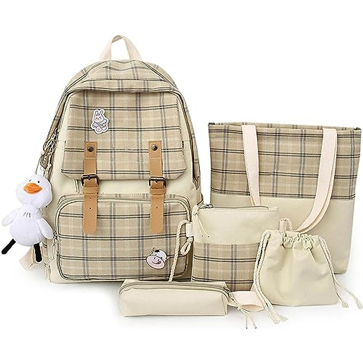 5Pcs Kawaii Backpack Casual Bags Cute Aesthetic Backpacks with Tote Handbag Pencil Pen Case Pouch,with Cute Bear Pendant Pins (Khaki)