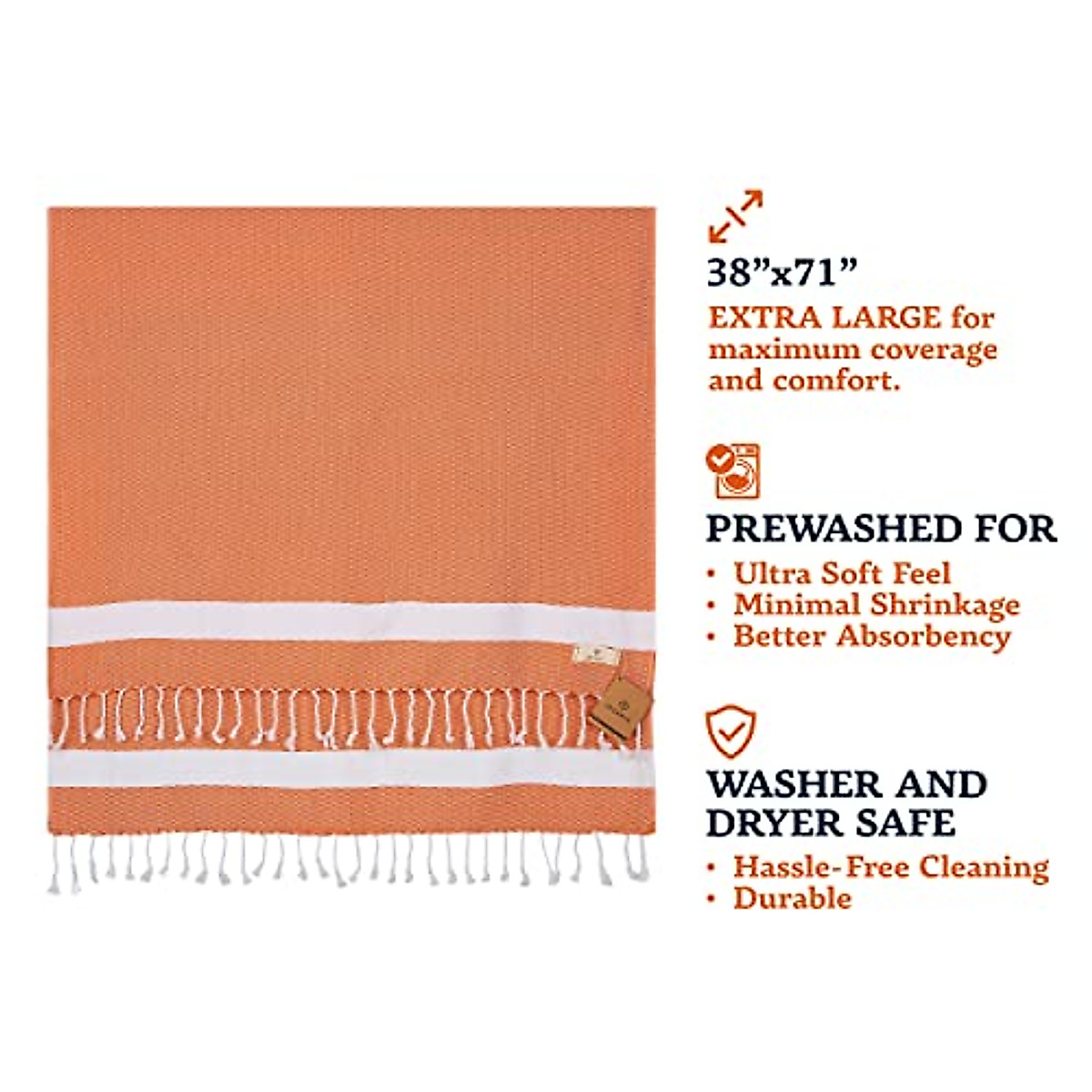 Selenly Turkish Beach Towel, 100% Cotton Pre-Washed Quick Dry 37x71 Inches Peshtemal Bath Towel for Beach, Bathroom, Pool, SPA, Gym, Yoga - Soft and Absorbent Beach Blanket (Orange)