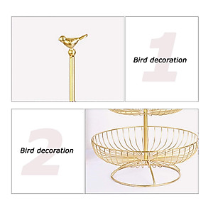 SuperDuo 3-Tier Fruit Basket Bowl Metal Wire Countertop Vegetable Stand Holder with Top Handle-Bird Shape for Kitchen Livingroom -Golden