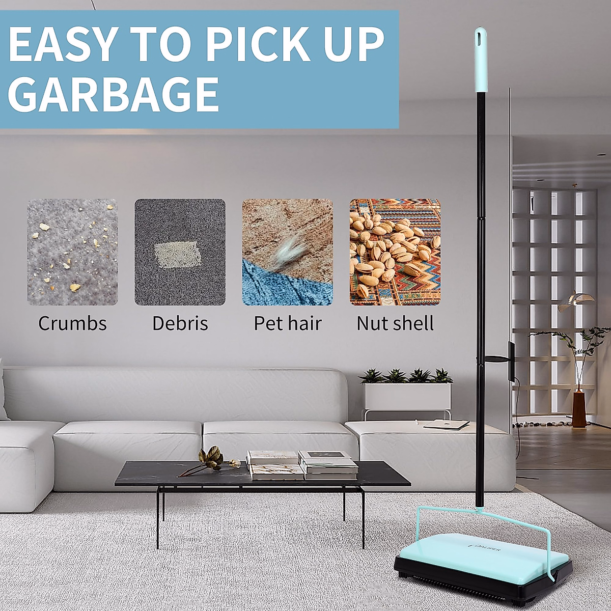 DALIPER Carpet Sweeper Broom Non Electric with Horsehair Roller, Electrostatic Floor Brush Manual Push for Cleaning Pet Hair, Loose Debris, Lint on Rug (Avocado Green)