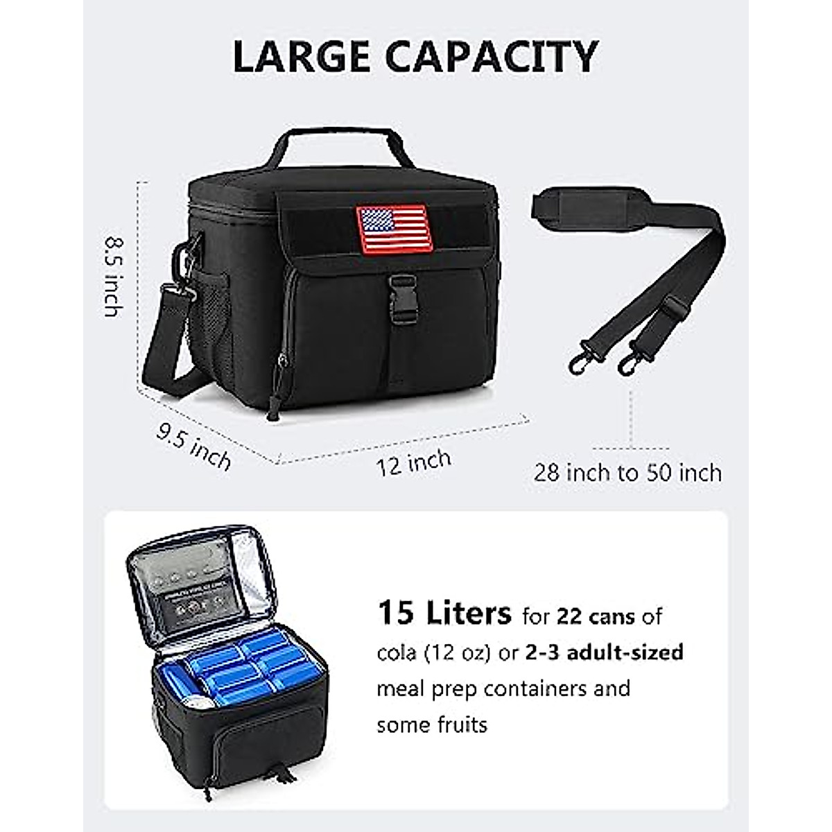 Insulated Lunch Bag for Men, Tactical Men Lunch Box Leakproof Meal Prep Lunch Cooler Bag with Shoulder Strap, Water Resistant MOLLE Reusable Adult Large Lunch Bags for Work Office Travel, Black