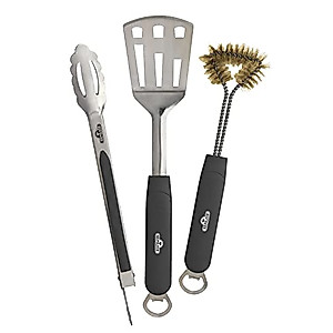 Napoleon 3 Piece Stainless Steel BBQ Toolset 70024 Sturdy Stainless Steel Spatula, Tongs, Brass BBQ Cleaning Brush, Heat Resistant Handles, Bottle Opener, Tool Hanger, Dishwasher Safe
