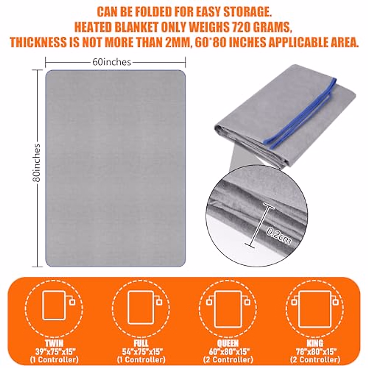 DD dedeo Graphene Heating Pad,Heating Mattress,0.2cm Ultrathin Blanket,72W,Machine Washable,Fast Heating,60 * 78inch for Bed,Dark Grey