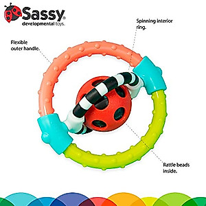 Sassy Spin and Chew Flex Ring Rattle with Dual Action Spinners, for Ages 0+ Months