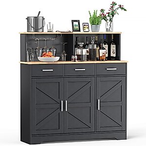 Black Buffet Sideboard Storage Cabinet - 47" Large Double-Layer Kitchen Pantry Cabinet with 3 Drawers & 3 Doors, Modern Liquor Coffee Bar Cabinet Buffet Table with Hutch for Dining Living Room