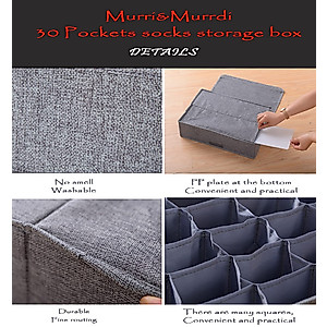MURRI&MURRDI 2 Packs Sock and Underwear Storage for Closet with Lids,30 Cells Drawer Divider,Linen Cotton Sock Organizer,Foldable Closet Storage Box Bin for Socks, Lingerie, Ties,Scarves (2 Grey)