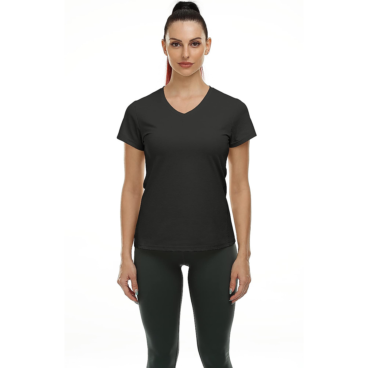 icyzone Workout Shirts Yoga Tops Activewear V-Neck T-Shirts for Women Running Fitness Sports Short Sleeve Tees (Black/Cream White/Brick, XL)