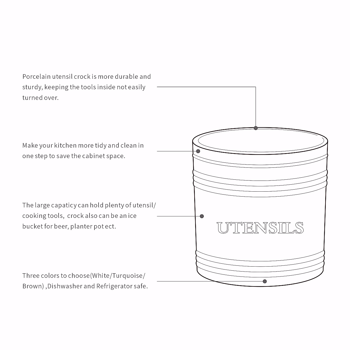 Kitchen Utensil Holder for Countertop 5.9 inch Porcelain Utensil Crock for Kitchen Deep and Large, Turquoise