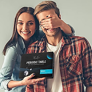 MegaBox Periodic Table Of Elements with 83 Real Elements, Acrylic Periodic Table Display With Wooden Stand, 6x Chemistry Formula Reference Cards, Science Teacher Gift Classroom Decoration